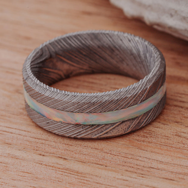 Polished Damascus Steel, White Opal Inlay – Stone Forge Studios