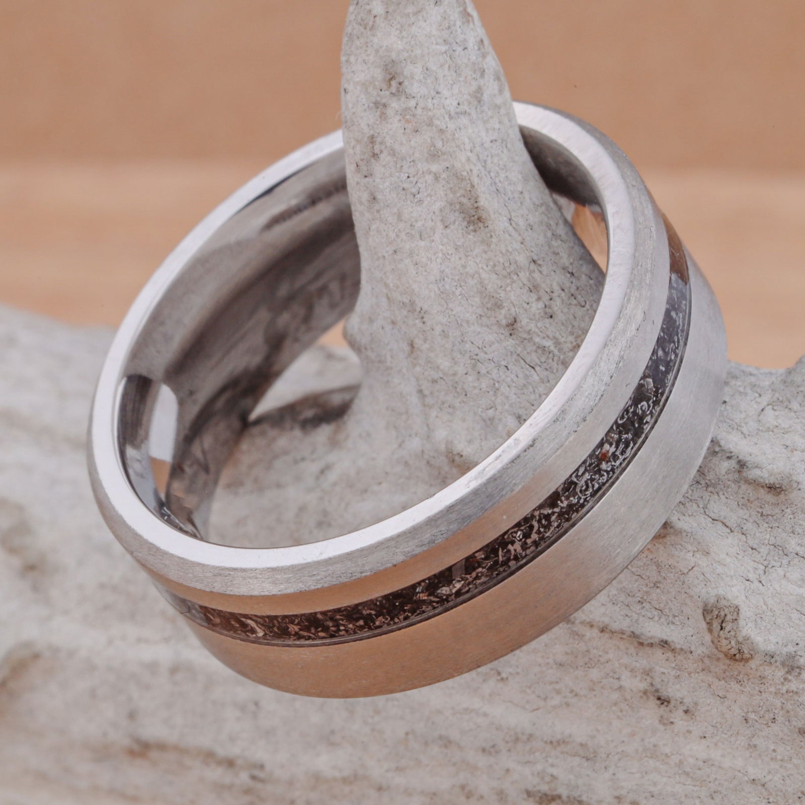 Brushed Titanium with offset Meteorite Inlay – Stone Forge Studios