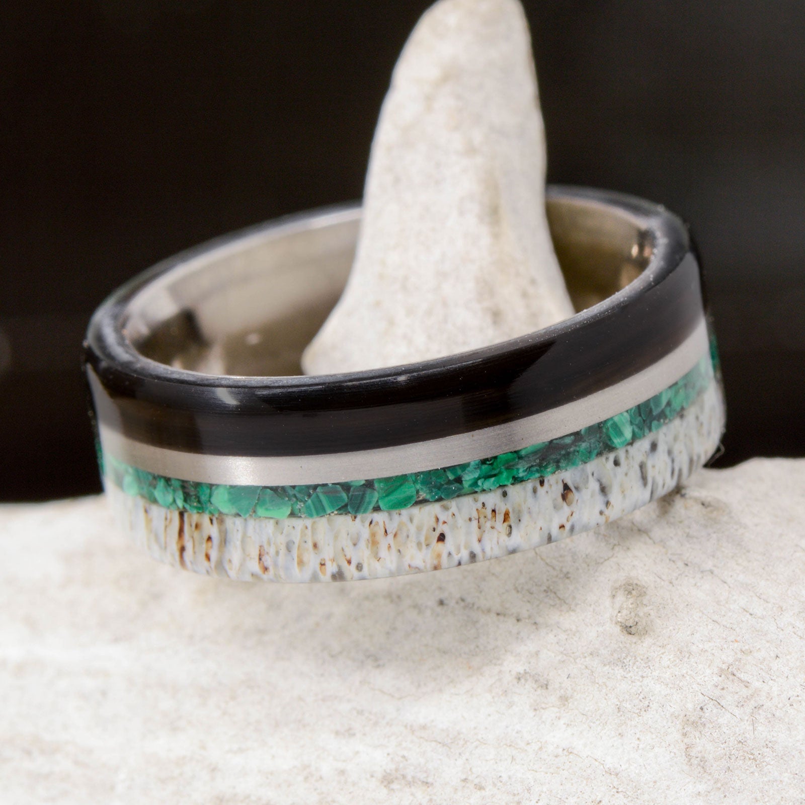 Mens Buffalo Tusk, Metal, Malachite, & Antler Ring – Stone Forge Studios