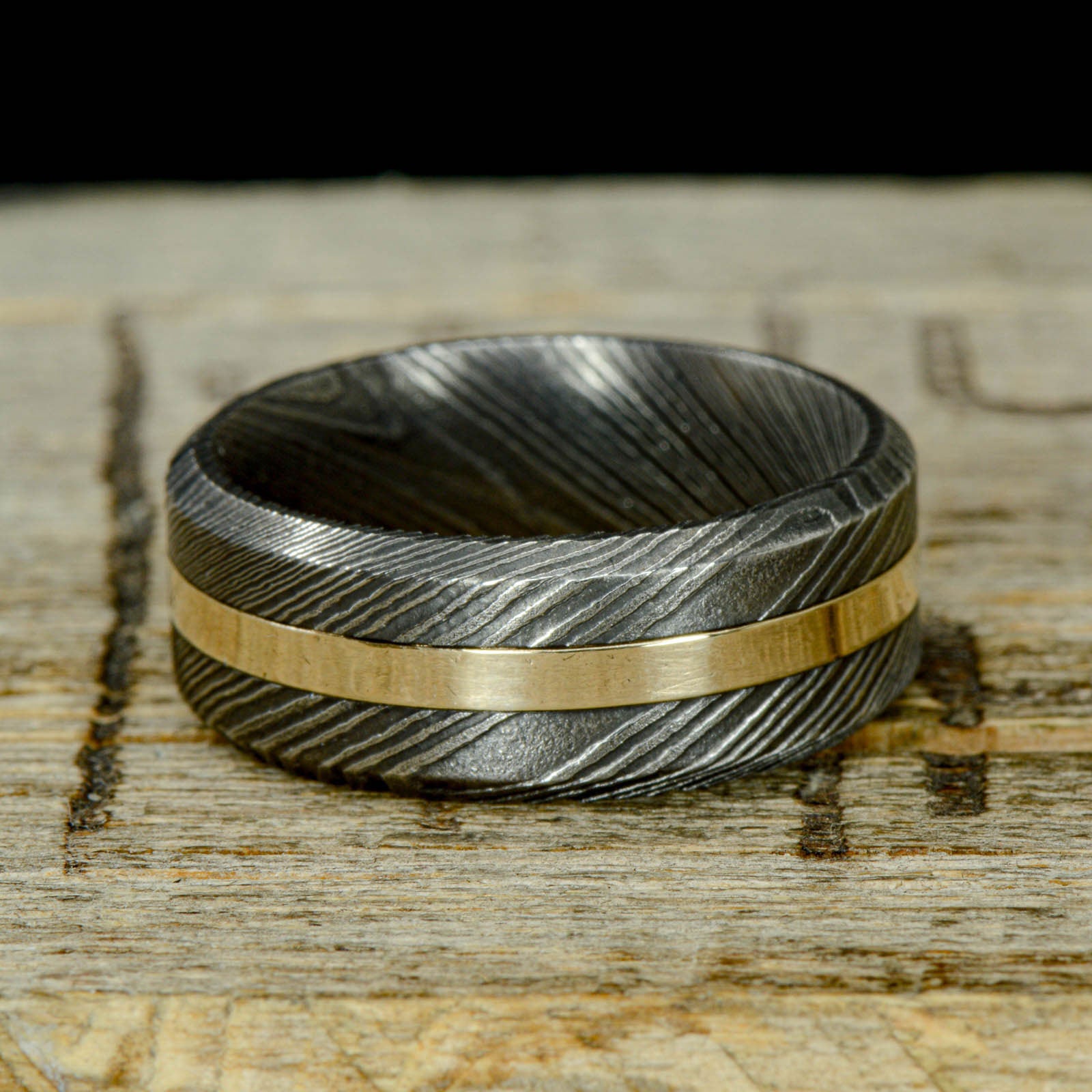 Dark Damascus Steel, Yellow Gold Inlay – Stone Forge Studios