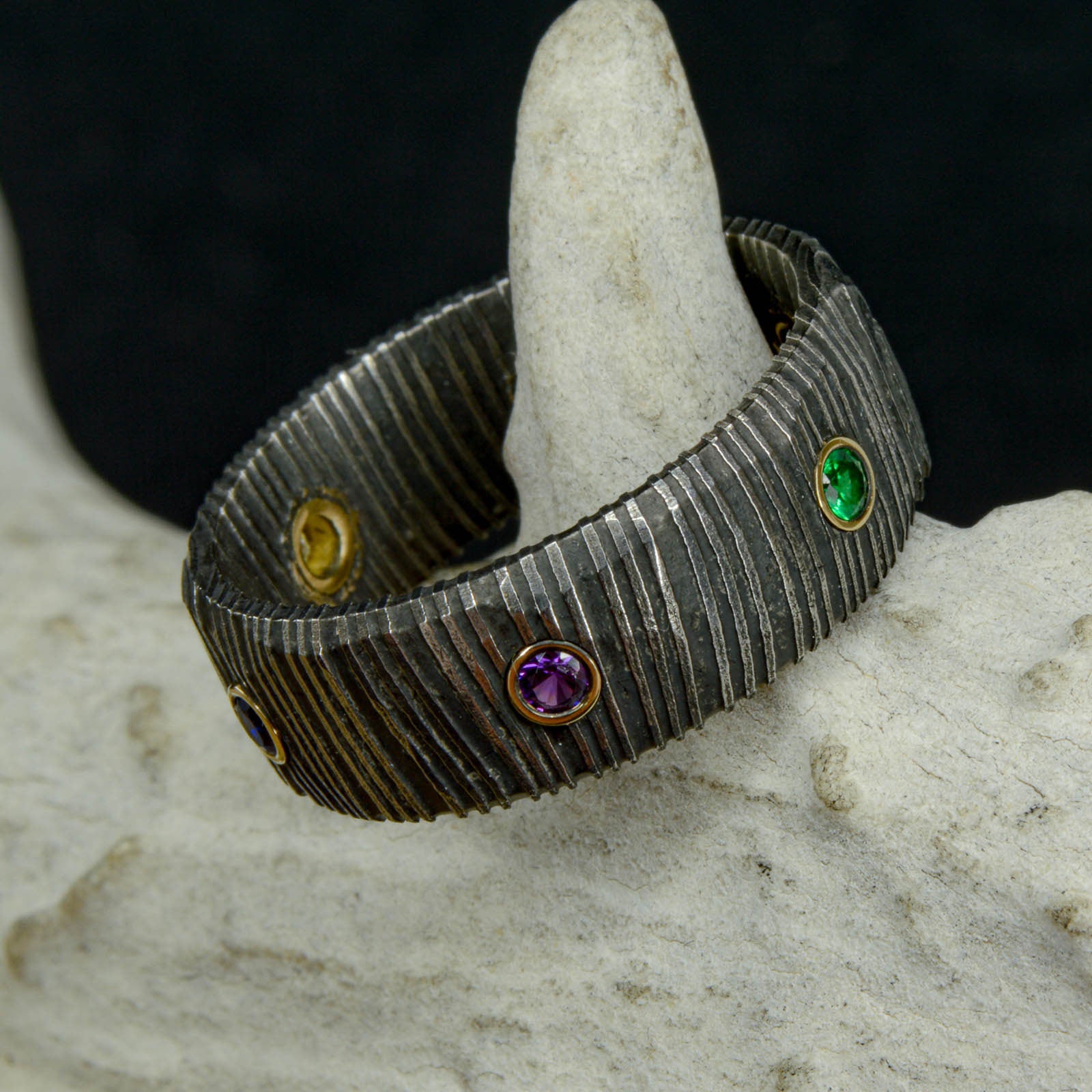 Infinity Ring, Gold, Dark Damascus Steel, & Gemstones – Stone Forge Studios
